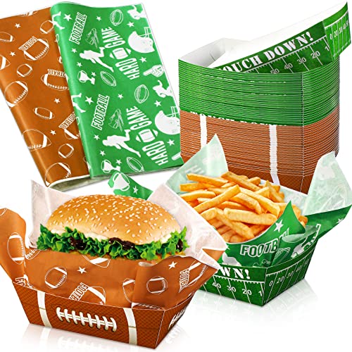 200 Pcs Football Party Supplies 1.1 lb 100 Paper Food Trays Serving Boats with 100 Grease Resistant Liner Papers Waxed Deli Paper Sheets for Football Birthday Sport Game Party Favors Decorations