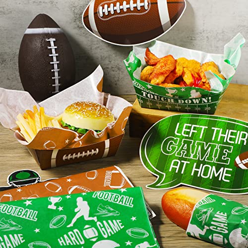 200 Pcs Football Party Supplies 1.1 lb 100 Paper Food Trays Serving Boats with 100 Grease Resistant Liner Papers Waxed Deli Paper Sheets for Football Birthday Sport Game Party Favors Decorations