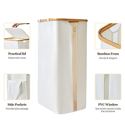 JVIBI Laundry Hamper with Lid, 100L Large Laundry Basket Bamboo, Clothes Hamper with Clear Window Visible, Removeable Laundry Bags For For Bathroom Bedroom Home, Toy Organizer, Lightweight, Removable