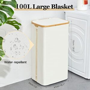 JVIBI Laundry Hamper with Lid, 100L Large Laundry Basket Bamboo, Clothes Hamper with Clear Window Visible, Removeable Laundry Bags For For Bathroom Bedroom Home, Toy Organizer, Lightweight, Removable