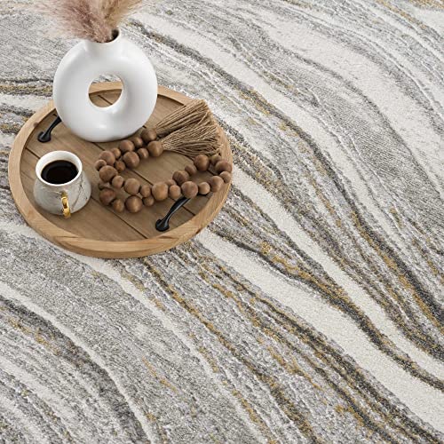 Hauteloom Liverpool Modern Abstract Bedroom Living Room Area Rug - Marble Swirl Pattern - Contemporary Bohemian Farmhouse - Light Grey, Dark Grey, Yellow - 7'10" x 10'