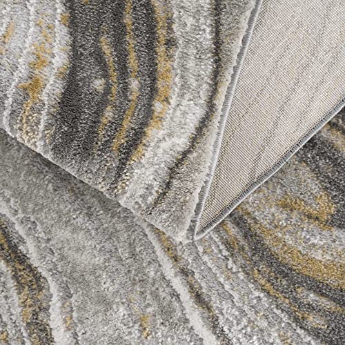 Hauteloom Liverpool Modern Abstract Bedroom Living Room Area Rug - Marble Swirl Pattern - Contemporary Bohemian Farmhouse - Light Grey, Dark Grey, Yellow - 7'10" x 10'