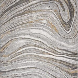 Hauteloom Liverpool Modern Abstract Bedroom Living Room Area Rug - Marble Swirl Pattern - Contemporary Bohemian Farmhouse - Light Grey, Dark Grey, Yellow - 7'10" x 10'