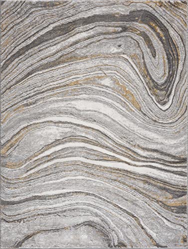 Hauteloom Liverpool Modern Abstract Bedroom Living Room Area Rug - Marble Swirl Pattern - Contemporary Bohemian Farmhouse - Light Grey, Dark Grey, Yellow - 7'10" x 10'