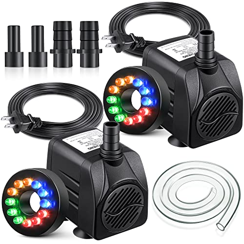 2 Pack 15W 220GPH Submersible Fountain Water Pump with 12 LED Lights, Aquarium Fish Tank Water Pump with 13mm and 8mm Spray Nozzles 9.8ft Tubing for Water Feature Pond Home Fountain Statuary Gardens