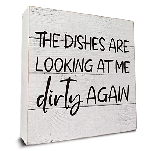 the Dishes are Looking at Me Dirty Again Wooden Box Sign Desk Decor, Kitchen Quote Wood Box Sign for Home Shelf Table Decoration 5 X 5 Inch