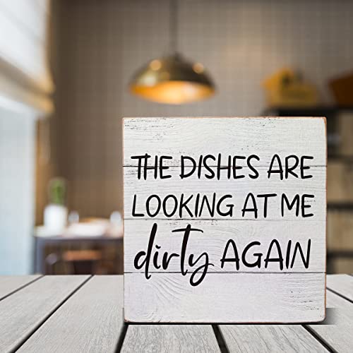 the Dishes are Looking at Me Dirty Again Wooden Box Sign Desk Decor, Kitchen Quote Wood Box Sign for Home Shelf Table Decoration 5 X 5 Inch