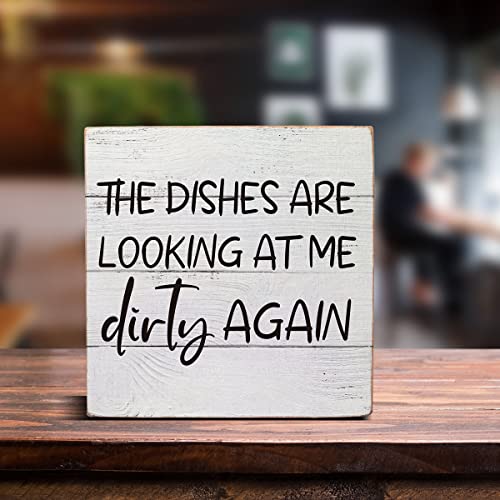 the Dishes are Looking at Me Dirty Again Wooden Box Sign Desk Decor, Kitchen Quote Wood Box Sign for Home Shelf Table Decoration 5 X 5 Inch