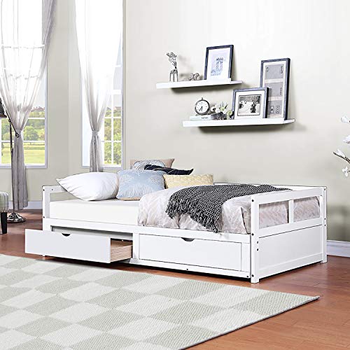 Twin to King Daybed with Trundle and Storage Drawers, Day Bed Frame Wooden Extendable Convertible Boho Funiture for Guest Room, Bedroom