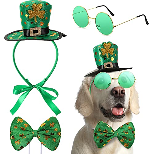 3 Pcs St Patrick's Day Dog Costume, St. Patty's Day Doggie Headband Green Round PET Sunglasses and Green Shamrock Bow Tie Kit for Medium Large Dogs