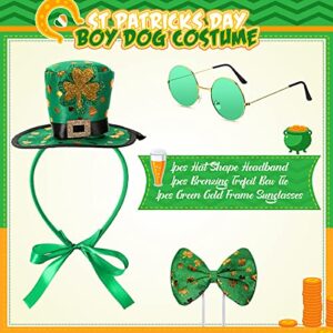 3 Pcs St Patrick's Day Dog Costume, St. Patty's Day Doggie Headband Green Round PET Sunglasses and Green Shamrock Bow Tie Kit for Medium Large Dogs