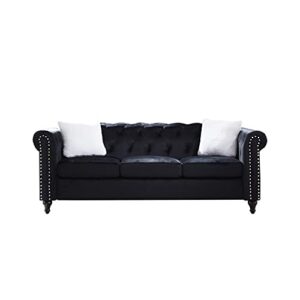 Melpomene Black Velvet Living Room Loveseat Sofa with Button Tufted Nailhead and 2 White Villose Cushions (2 seat)