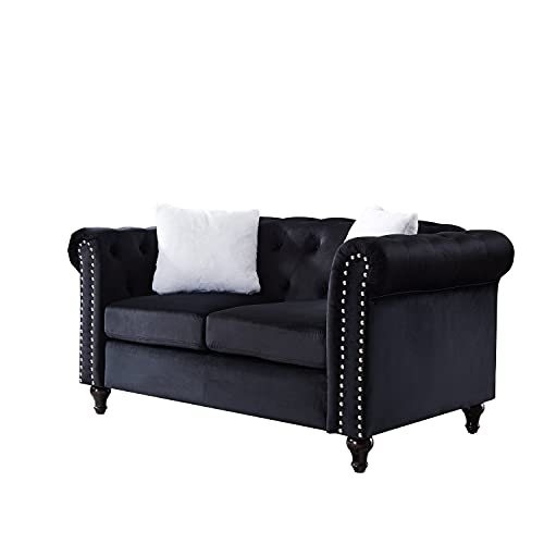 Melpomene Black Velvet Living Room Loveseat Sofa with Button Tufted Nailhead and 2 White Villose Cushions (2 seat)