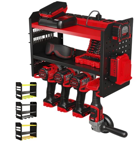 BUILTSTRONG Power Tool Organizer Wall Mount - 3-Tier Heavy-Duty Metal Hand Tool Storage Rack, Utility Racks, Drill Holder, PegBoard Side, & More - Garage Storage Cordless Tool Organizer (Red)