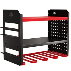 BUILTSTRONG Power Tool Organizer Wall Mount - 3-Tier Heavy-Duty Metal Hand Tool Storage Rack, Utility Racks, Drill Holder, PegBoard Side, & More - Garage Storage Cordless Tool Organizer (Red)