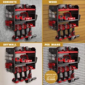 BUILTSTRONG Power Tool Organizer Wall Mount - 3-Tier Heavy-Duty Metal Hand Tool Storage Rack, Utility Racks, Drill Holder, PegBoard Side, & More - Garage Storage Cordless Tool Organizer (Red)