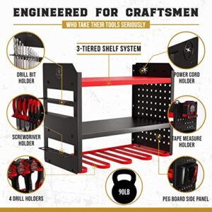 BUILTSTRONG Power Tool Organizer Wall Mount - 3-Tier Heavy-Duty Metal Hand Tool Storage Rack, Utility Racks, Drill Holder, PegBoard Side, & More - Garage Storage Cordless Tool Organizer (Red)