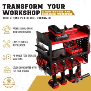 BUILTSTRONG Power Tool Organizer Wall Mount - 3-Tier Heavy-Duty Metal Hand Tool Storage Rack, Utility Racks, Drill Holder, PegBoard Side, & More - Garage Storage Cordless Tool Organizer (Red)