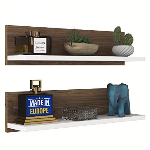 LAWA FURNITURE Floating Wall Shelves, Set of 2, 23.6" Long, Modern Design with 3 Color Variations, European Quality, Ideal Wall Mounted Shelves for Home and Office (Walnut - White)