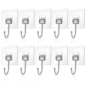 hooks for hanging heavy duty, self adhesive wall hooks for coats, 10 pack damage free large adhesive hooks transparent