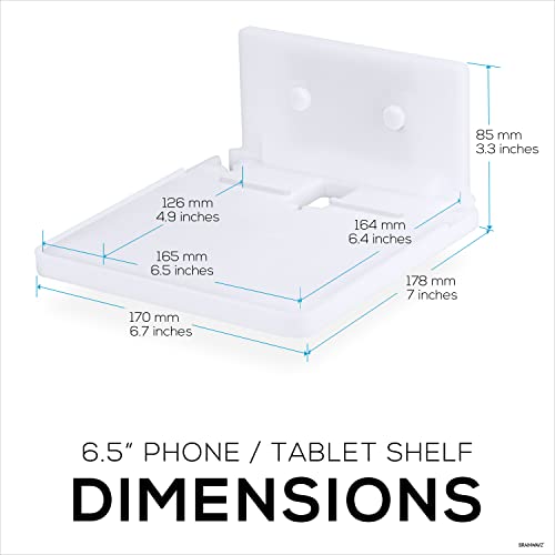 BRAINWAVZ [EOL] 6.5" Floating Shelf with Tablet & Phone Wall Mount Holder Ideal for Bedside, Kitchens, Bathrooms, Can Also Hold Books, Plants, Cameras & Speakers - Adhesive & Screw-in (White) [EOL]