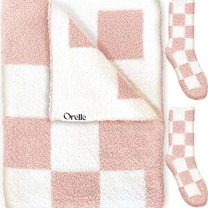 Orelle “Cream Puff” - Soft Knit Checkered Throw Blanket & Socks - Cozy Pink Checkered Blanket Throw - Fluffy Checkerboard Blanket - Aesthetic Cute Checker Blanket Checkered Decor - Puff Pink. 55x67