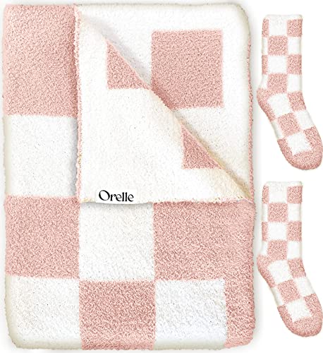 Orelle “Cream Puff” - Soft Knit Checkered Throw Blanket & Socks - Cozy Pink Checkered Blanket Throw - Fluffy Checkerboard Blanket - Aesthetic Cute Checker Blanket Checkered Decor - Puff Pink. 55x67