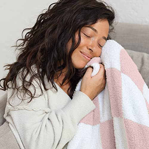 Orelle “Cream Puff” - Soft Knit Checkered Throw Blanket & Socks - Cozy Pink Checkered Blanket Throw - Fluffy Checkerboard Blanket - Aesthetic Cute Checker Blanket Checkered Decor - Puff Pink. 55x67