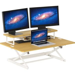 SHW 36-Inch Over Desk Height Adjustable Standing Desk with Monitor Riser, Oak