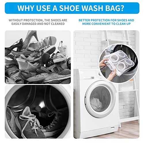 Creechwa 2PCS Shoe Washing Bags, Mesh Laundry Bags, Shoe Bag for Washing Machine With Carrying Handle and Zipper, Travel Organization Bags for Shoes, Underwear, Socks, Bras, Clothes (Square)