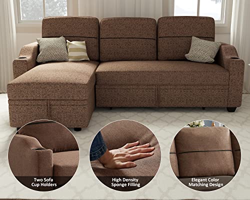 Ucloveria Reversible Sectional Sofa Couch, 82" Sleeper Sofa Bed with Storage Chaise Pull Out Couch Bed for Living Room L-Shape Lounge 2 in 1 Sectional Couch with Cup Holder, Yellow Brown