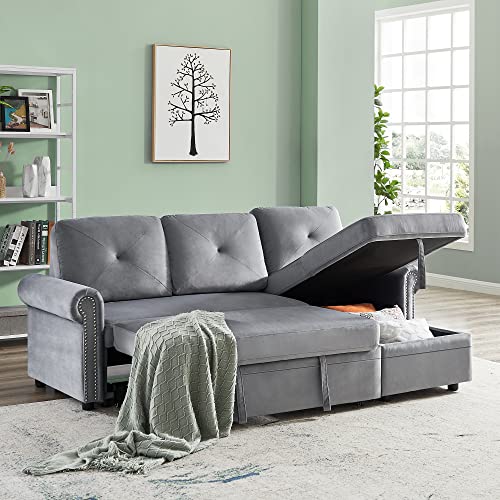 RUNWON 83" Sleeper Sofa Bed Convertible Sectional, 3-Seater L-Shape Corner Couch with Storage Chaise for Living Room Apartment, Gray