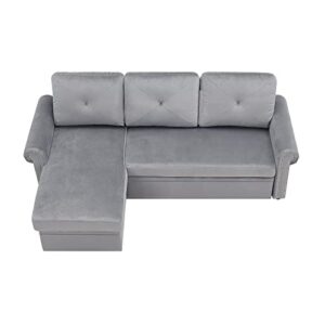 RUNWON 83" Sleeper Sofa Bed Convertible Sectional, 3-Seater L-Shape Corner Couch with Storage Chaise for Living Room Apartment, Gray