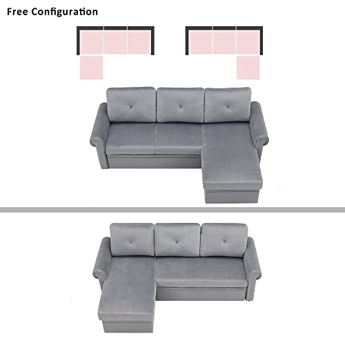 RUNWON 83" Sleeper Sofa Bed Convertible Sectional, 3-Seater L-Shape Corner Couch with Storage Chaise for Living Room Apartment, Gray