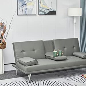 Morhome Leather Futon Bed Convertible Folding Couch for Living Room Sectional Sleeper Sofa for Small Space with Cup Holder and Removable Armrest Gray, Grey