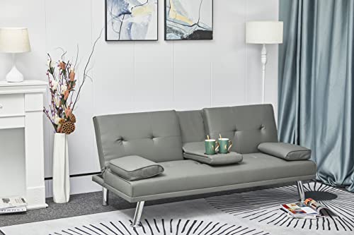 Morhome Leather Futon Bed Convertible Folding Couch for Living Room Sectional Sleeper Sofa for Small Space with Cup Holder and Removable Armrest Gray, Grey