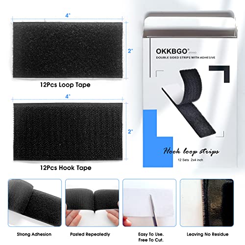 12 Sets 2x4 Inch Hook and Loop Strips with Adhesive, Industrial Strength Heavy Duty Sticky Back Fastener Tape for Fabric. Double Sided Self Adhesive Strip for Mounting, Picture Hanging, Black