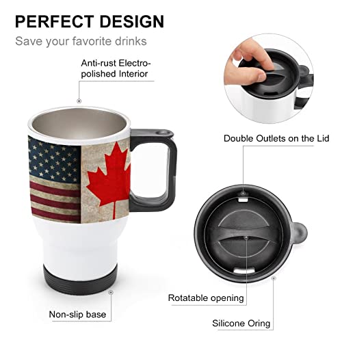 Retro America Canada Flag 14 Oz Travel Coffee Mug Stainless Steel Vacuum Insulated Cup with Lid