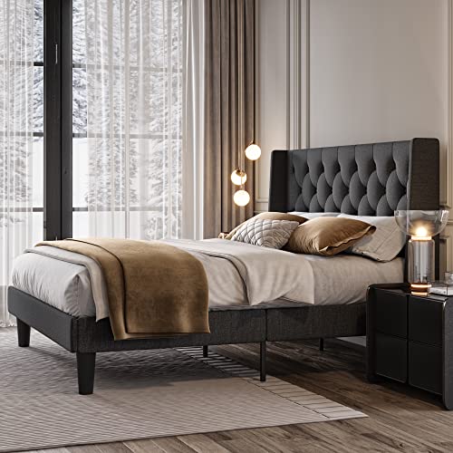 SHA CERLIN Queen Size Platform Bed Frame with Upholstered Headboard and Wingback, Button Tufted Design, Easy Assembly, Dark Grey