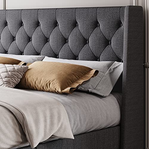 SHA CERLIN Queen Size Platform Bed Frame with Upholstered Headboard and Wingback, Button Tufted Design, Easy Assembly, Dark Grey