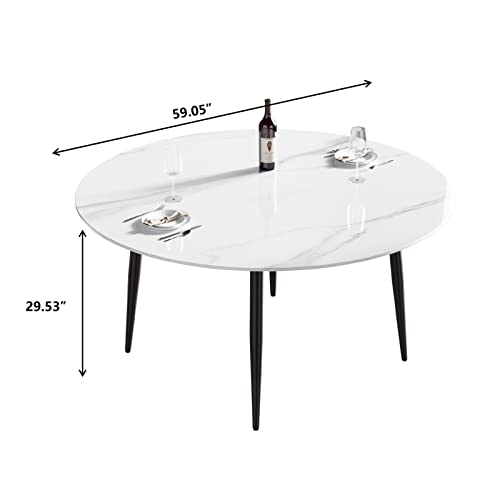 59.05" Round Dining Table for 8 People, Artificial Marble Stone Kitchen Table Modern Dining Room Table with Black Metal Legs, for Living Room, Dining Room (Not Including Chairs)