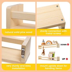 Fun Memories Nursery Book Shelves Set of 2 - Rustic Natural Solid Wood Floating Bookshelf for Kids - Wall Book Shelves Kitchen Spice Rack for Kids Room, Home Decor - Natural Wood - 24 Inch