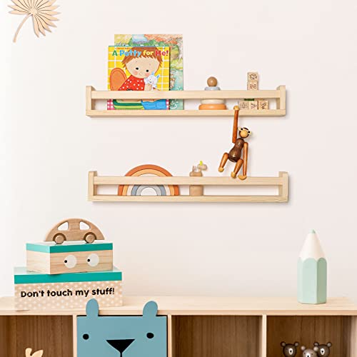 Fun Memories Nursery Book Shelves Set of 2 - Rustic Natural Solid Wood Floating Bookshelf for Kids - Wall Book Shelves Kitchen Spice Rack for Kids Room, Home Decor - Natural Wood - 24 Inch