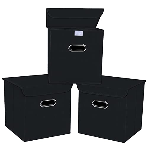 DABEACT Fabric Storage Cube Bins with Lids Closet Organizers collapsible storage bins basket with Handles for Home ,Storage Boxes for Organizing,3 Pack,(black)