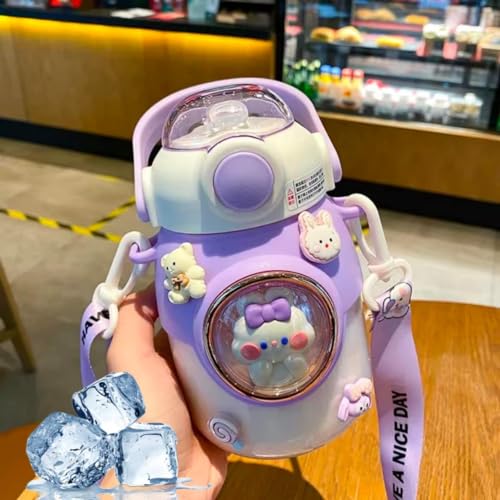 ChezMax Kawaii Bear Straw Water Bottle with Shoulder Strap, Leak-proof Stainless Steel Vacuum BPA free Cute Insulated Water Bottles and Kawaii Stickers for Girls School Office (Purple) 3.5 W x 7.2 H