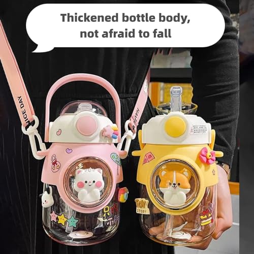 ChezMax Kawaii Bear Straw Water Bottle with Shoulder Strap, Leak-proof Stainless Steel Vacuum BPA free Cute Insulated Water Bottles and Kawaii Stickers for Girls School Office (Purple) 3.5 W x 7.2 H