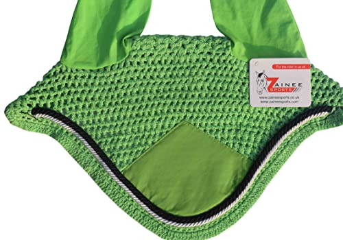 Zainee Sports Horse Ear Bonnet Ear Net Hat Fly Bonnet Hood Mask Fly Veil Full Hand Made Cotton Double Piping (Horse/Full, Lime Green)