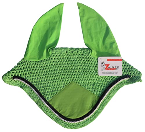 Zainee Sports Horse Ear Bonnet Ear Net Hat Fly Bonnet Hood Mask Fly Veil Full Hand Made Cotton Double Piping (Horse/Full, Lime Green)