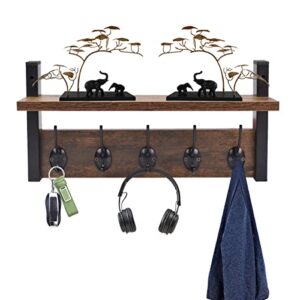 dilyvoli coat hooks with shelf wall mounted,rustic wood entryway shelf with 5 metal hooks,hanging shelf mounted coat rack and upper shelf for storage,bathroom,bedroom,kitchen,living room,mudroom