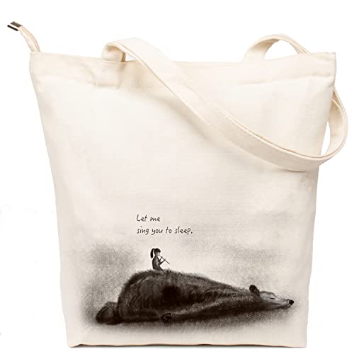 LAFORTIS Aesthetic Canvas Tote Bag with Zipper Inner Pocket, Cute Bear White Cotton Shopping Reusable Grocery Bags for Women Teachers as Gifts